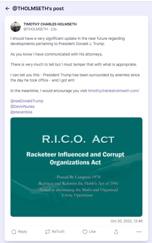 TIMOTHY CHARLES HOLMSETH SAYS BIG NEWS TO COME REGARDING PRESIDENT ...