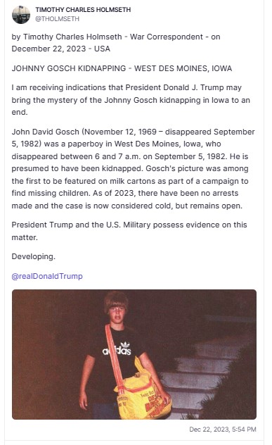 JOHNNY GOSCH KIDNAPPING IN IOWA TO BE SOLVED BY PRESIDENT DONALD J ...