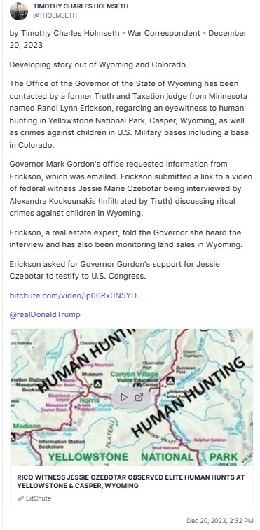 WYOMING GOVERNOR MARK GORDON ALERTED TO ELITE RITUAL HUMAN HUNTING ...